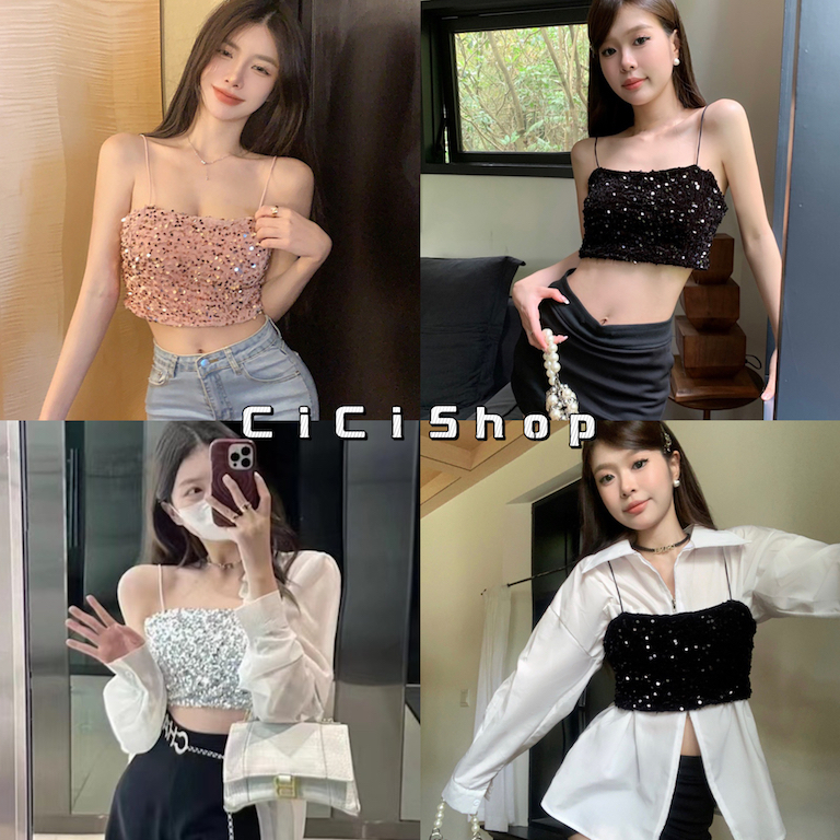 Cicishop(J365)เสื้อครอปสายเดี่ยว ดีเทลปักเลื่อมระยิบระยับเรียบหรูสวยแซ่บ | Shopee Thailand
