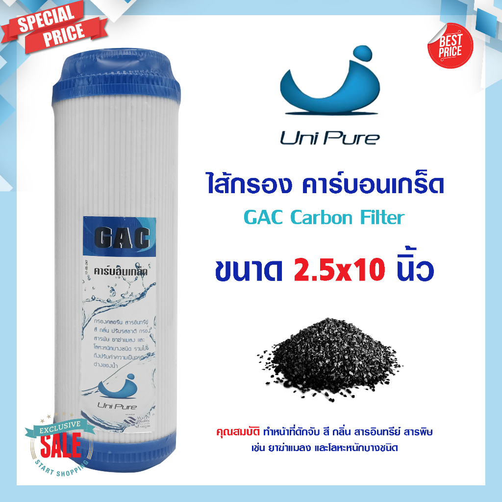 PETT UDF ไส้กรองน้ำคาร์บอน Granular Activated Carbon GAC ขนาด 10"x2.5" ไส้กรอง คาร์บอน Unipure ...