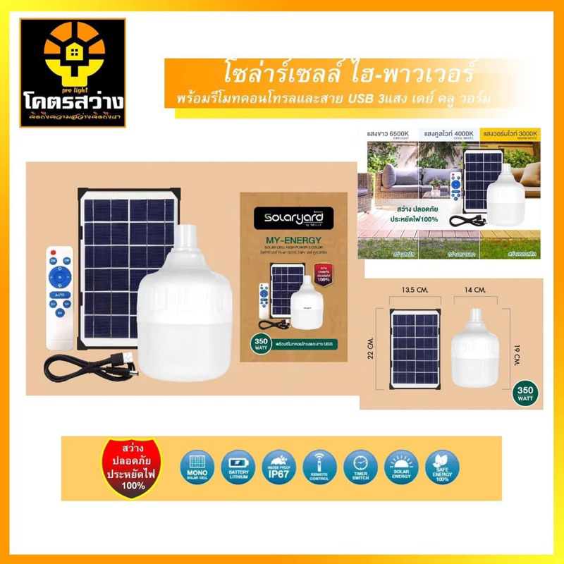 Solaryard หลอดไฟไฮพาวเวอร์โซล่า 3 แสง | Shopee Thailand