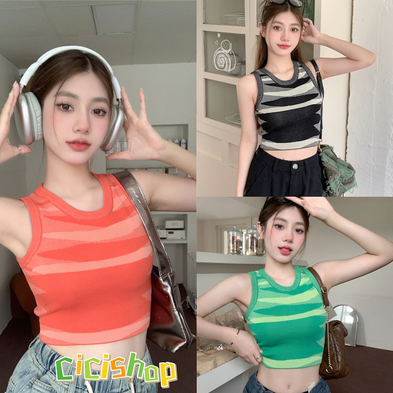 Cicishop(X1545)เสื้อครอปแขนกุด ผ้าถักเนื้อดี สุดฮิต | Shopee Thailand