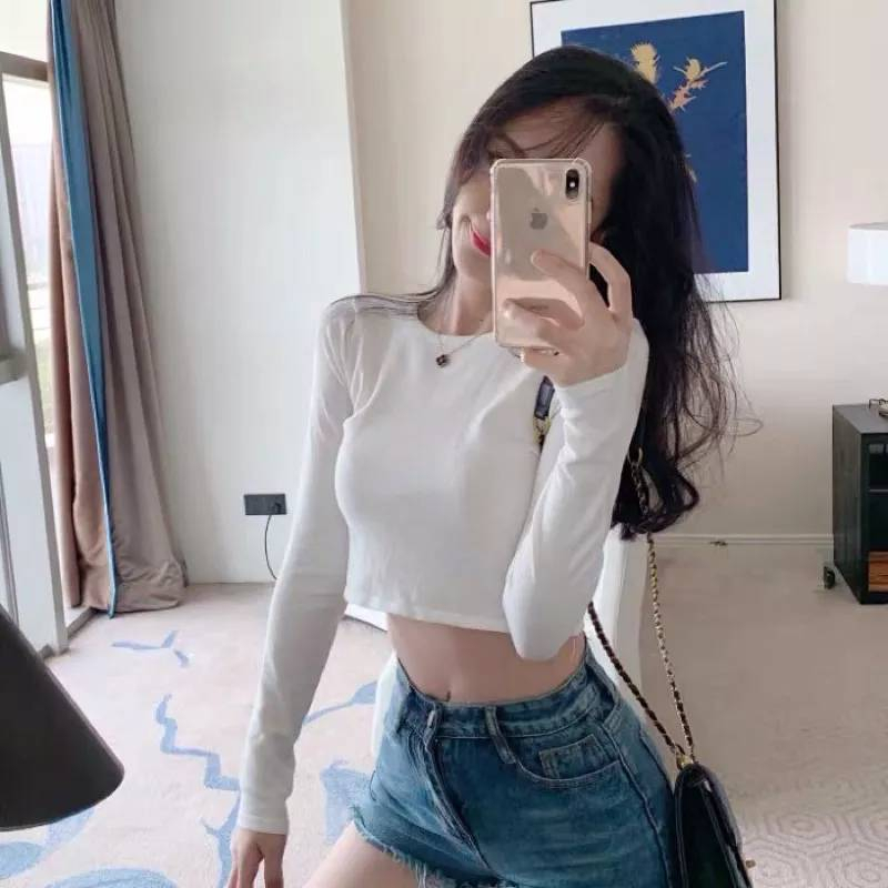 เสื้อครอปคอกลมแขนยาว เอวลอย ผ้าคอตตอน Shopee Thailand