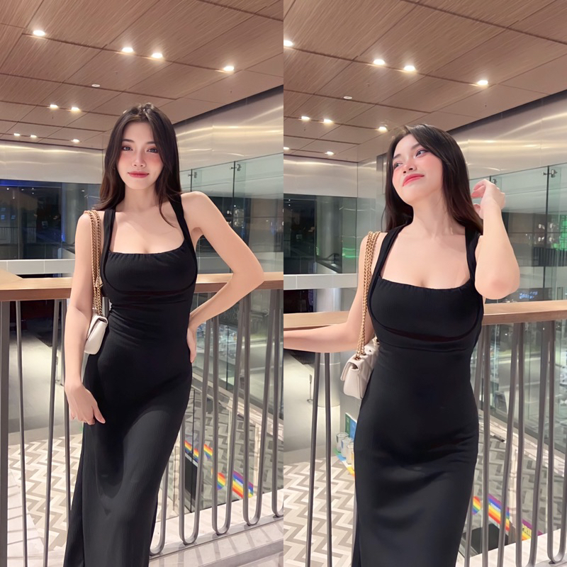 Chereen Dress เดรสยาวผ้าร่อง ผูกหลัง ยืดกระชับทรงสวย | Shopee Thailand
