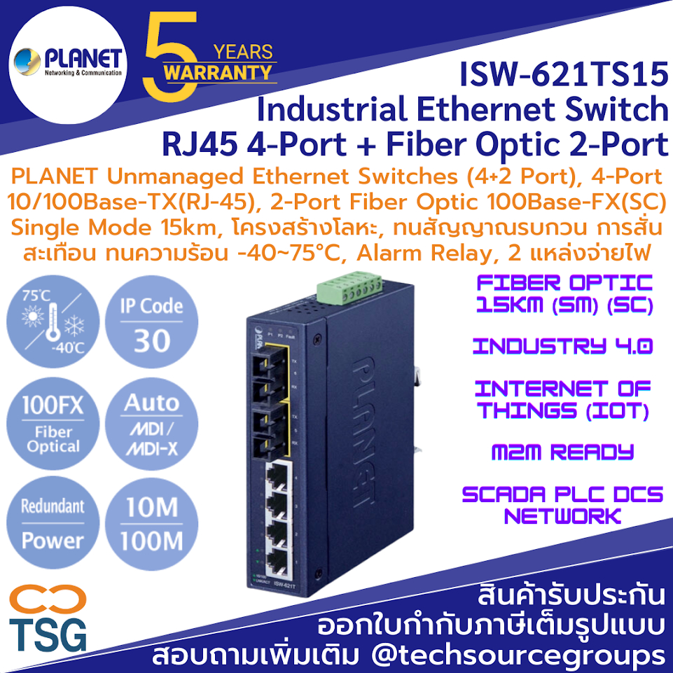 PLANET - ISW-621TS15 Industrial Ethernet Switch RJ45 4-Port + Fiber Optic 2-Port Unmanaged ...