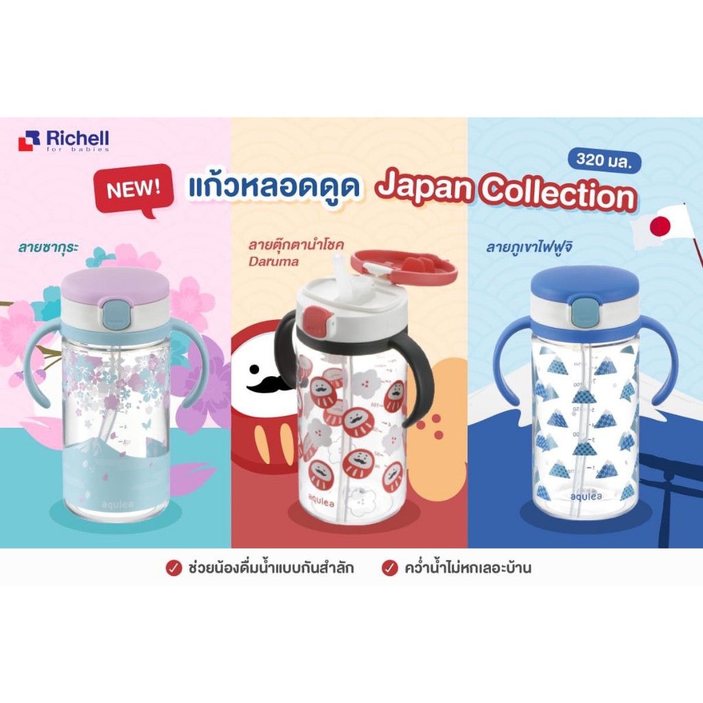 ของแท้ศูนย์ไทย Richell ริเชล แก้วหลอดดูดกันสำลัก สำหรับเด็ก รุ่น Aqulea ขนาด 200ml / 320ml ...