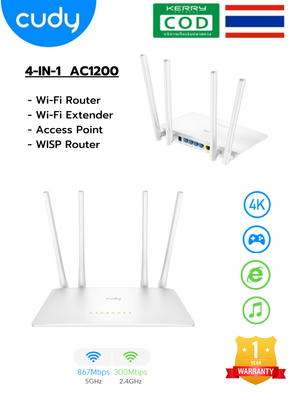 Cudy AC1200 Dual Band Wi-Fi Router 4-in-1 ราคาถูก ตัวขยายสัญญาณ Wi-Fi 2 ...