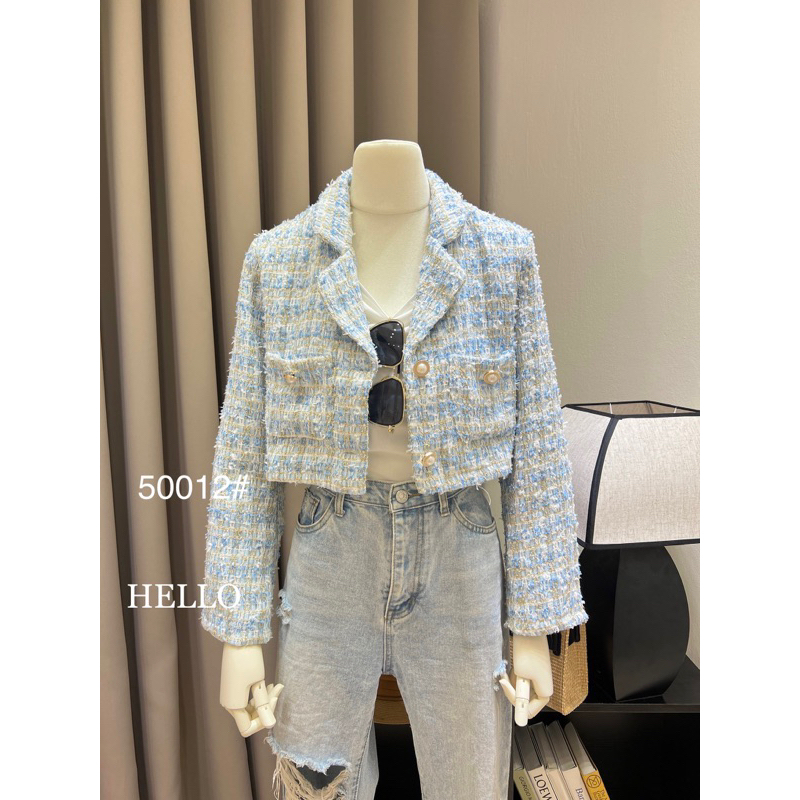 เสื้อคลุมครอปแขนยาว ผ้าทวิต พร้อมกระเป๋าหน้า ดิ้นทองในตัว #H50012 ...