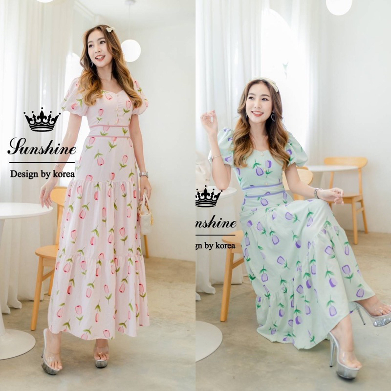 2xl เดรสยาว แขนบอลลูน ลายทิวลิปสวยๆ สีพาสเทล งานป้าย Lady Sunshine