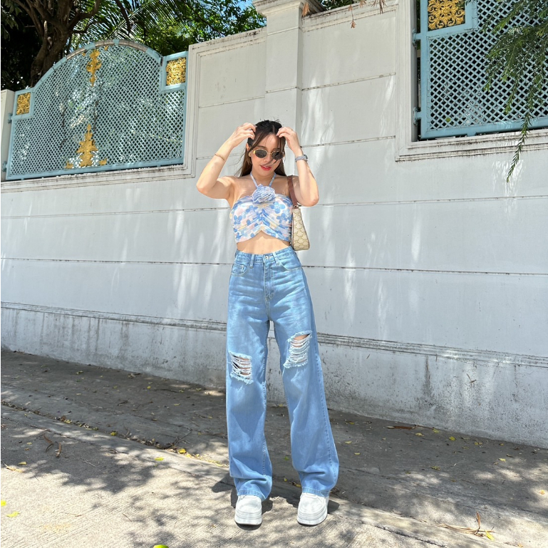 SR081 ยีนส์SARAN กระบอกใหญ่ขาดเข่า | Shopee Thailand