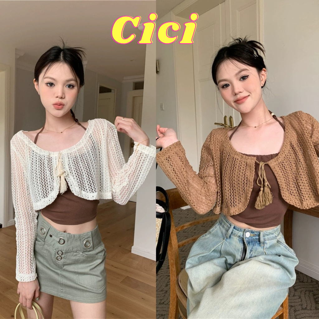 Cici(NO. J728)ชุดset คล้องคอ+เสื้อคุลม ผ้าถัก ดีเทลผูกเชือกได้ สีพื้น สวยมาก เหมาะกับสาวทุกสไตล์ ...