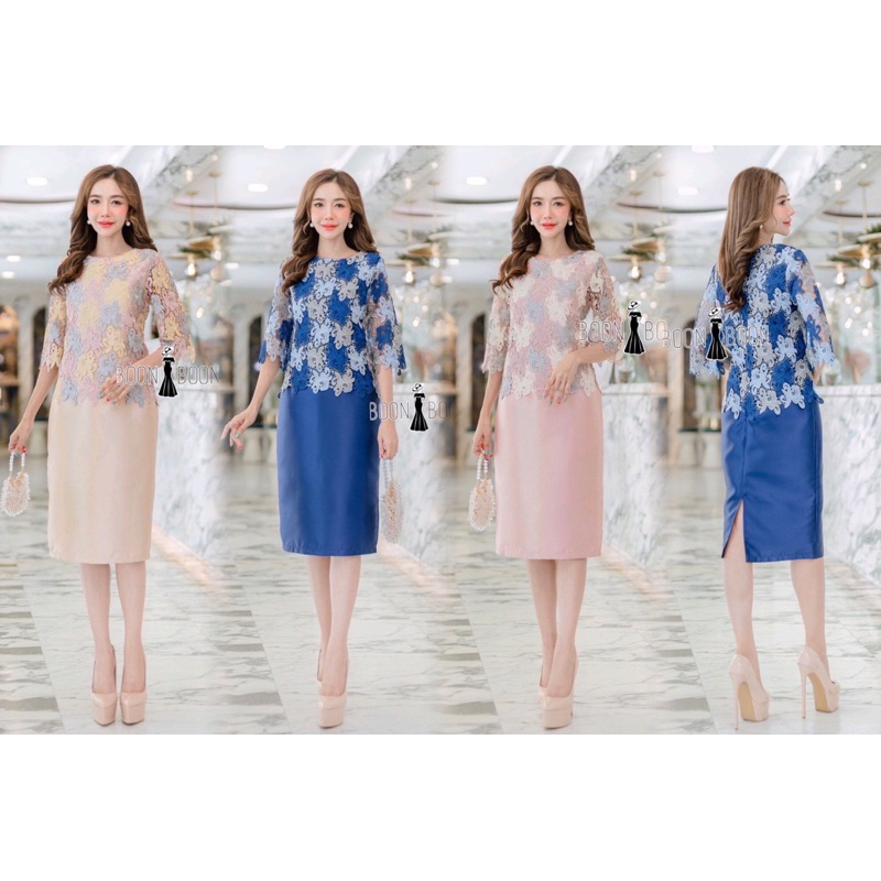 รหัส B0967 เดรสลูกไม้ทรีโทนคอกลมสีพาสเทล | Shopee Thailand