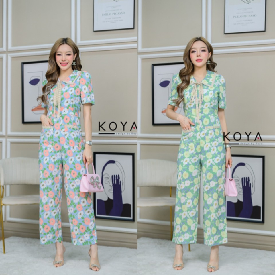 K352-2 จั้มยาวคอปกลายดอกไม้น่ารัก เนื้อผ้า100 ดี เชือกเอว ซิปหลัง เป๋า ...