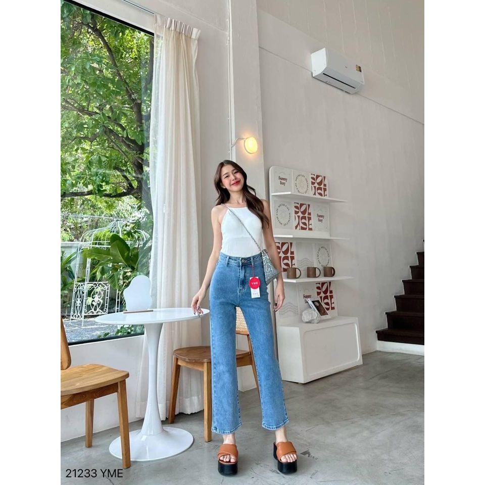 Beary studio กางเกงยีนส์ขากระบอกกลางเรียบหรู ดูแพง เอวสูงปี๊ดดด รุ่น 21233 | Shopee Thailand