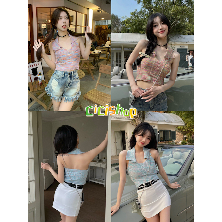 Cicishop(T1500)เสื้อแขนกุดไหมพรมถักคอปก สีคัลเลอร์ฟูล โชว์แผ่นหลัง แซ่บสุดๆ | Shopee Thailand