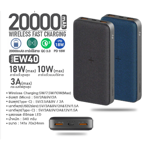 Eloop EW40 แบตสำรองชาร์จเร็วไร้สาย 20000mAh Wireless Power Bank PD 18W ...