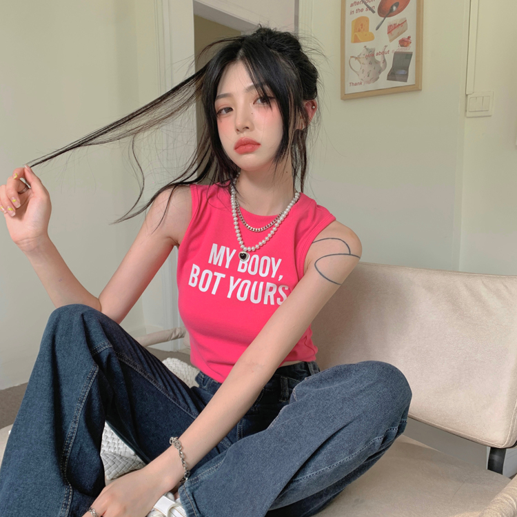 BOLIShop เสื้อครอปท็อป แขนกุด เสื้อผ้าแฟชั่น y2k คอกลม พิมพ์ลายตัวอักษร เนื้ิอผ้าคอตตอน แมทง่าย ...