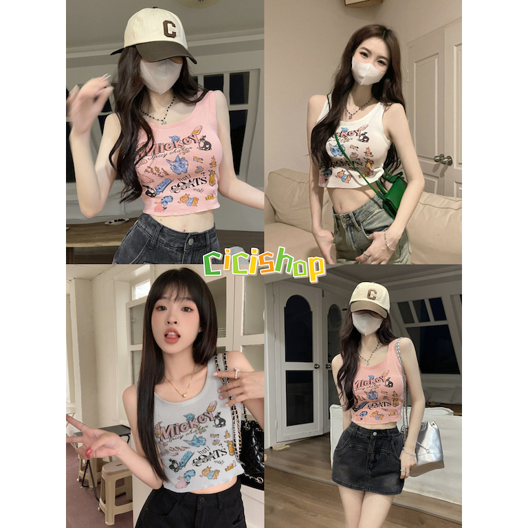 Cicishop(1A23-2)เสื้อกล้ามไหมพรมมินิมอล พิมพ์ลายการ์ตูนสุดชิค | Shopee Thailand