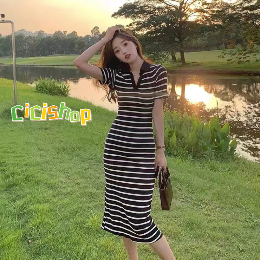 Cicishop(35CX23)เดรสยาวลายทาง แขนสั้นคอปก ทรงเข้ารูป ใส่แล้ว Cute สุดๆ | Shopee Thailand