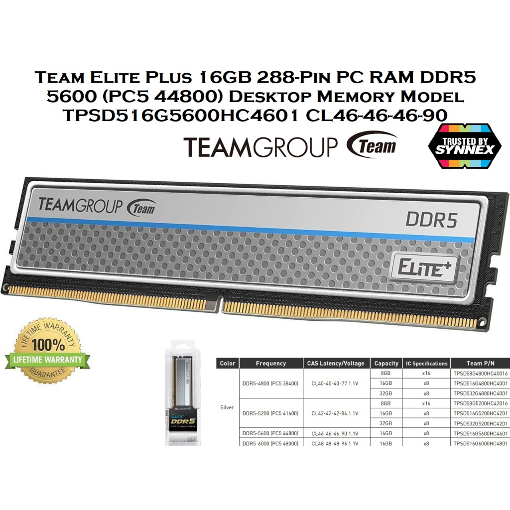 16GB TEAM ELITE PLUS(SR) UD-D5 (TPSD516G5600HC4601)5600 288-Pin PC RAM DDR5 5600 (PC5 44800 ...