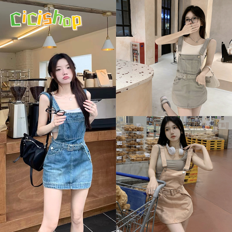 Cicishop(996)ชุดเอี๊ยมกระโปรง ดีเทลมีเข็มขัดสามารถถอดได้เก๋ๆ สีสันสวยงาม | Shopee Thailand