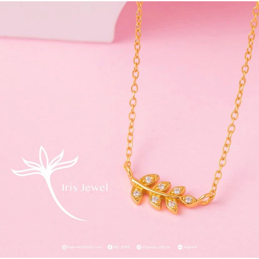 IRIS JEWEL สร้อยคอเงินแท้925 ชุปทอง 14K พร้อมจี้ใบมะกอก ประดับเพชร CZ ( Silver Leaves Necklace ...
