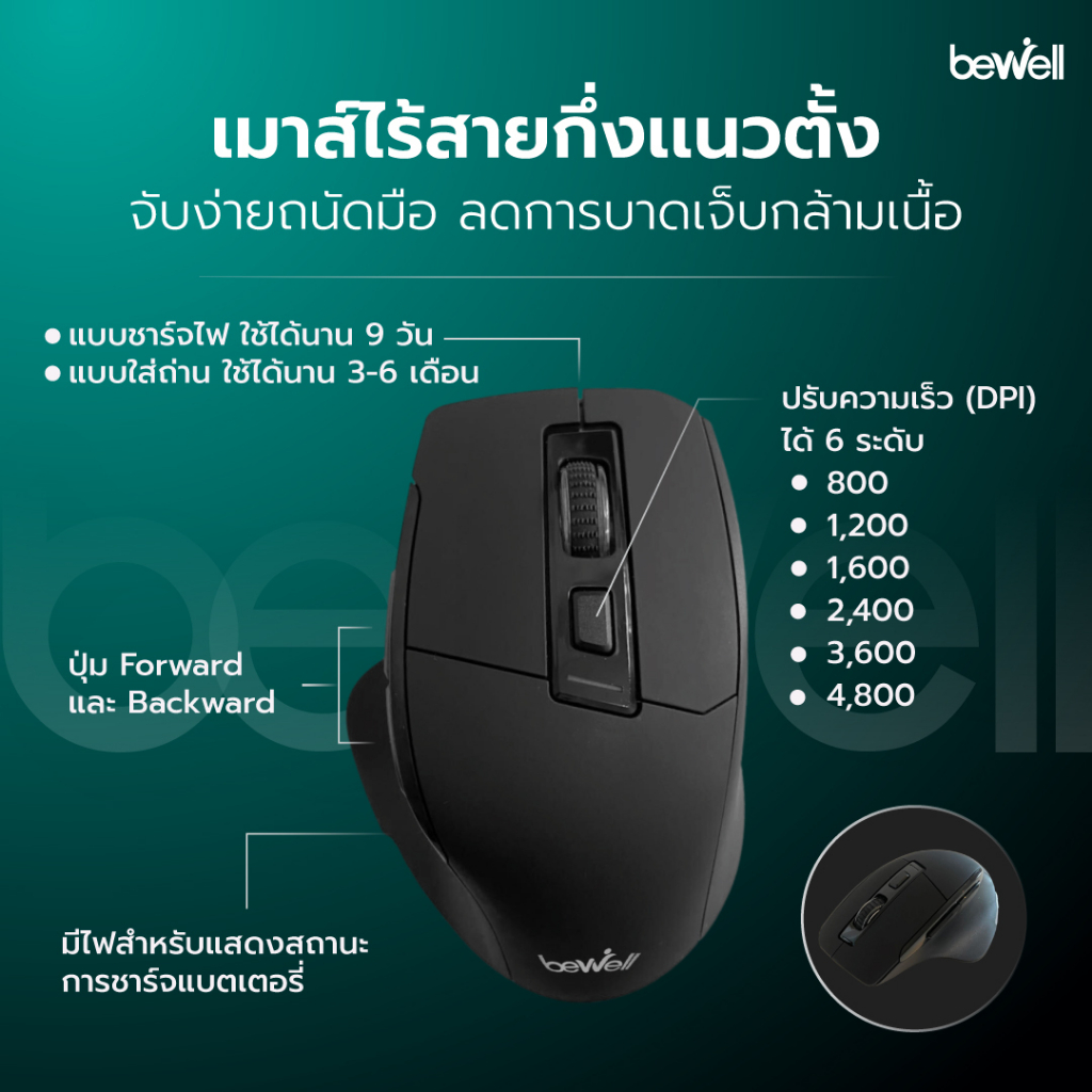 Bewell Semi-vertical Ergonomic mouse เมาส์ไร้สายกึ่งแนวตั้งเพื่อสุขภาพ จับง่ายขึ้น แบตอึด ใช้ได้ ...