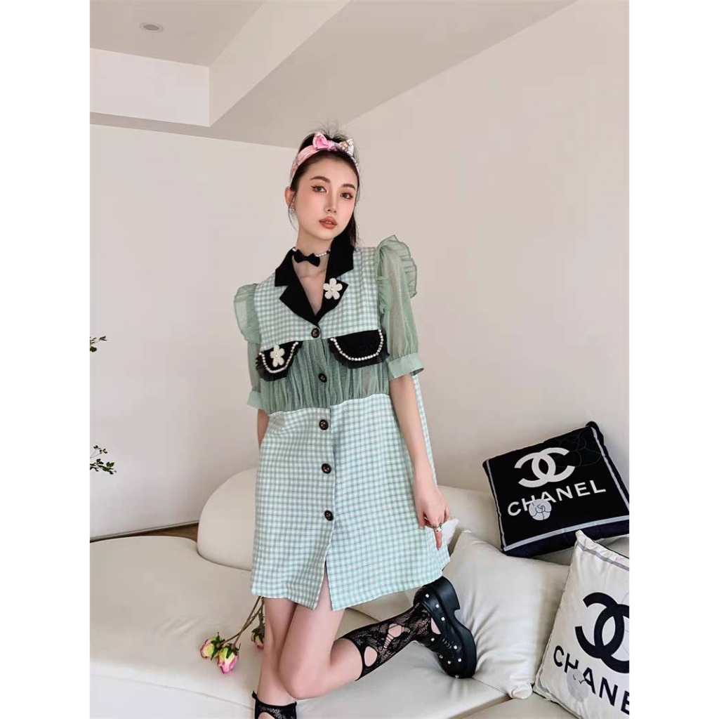 พร้อมส่ง D176 เดรสสั้นสีเขียวทรงโอเวอร์ไซส์ แต่งมุกรูปดอกไม้ | Shopee Thailand