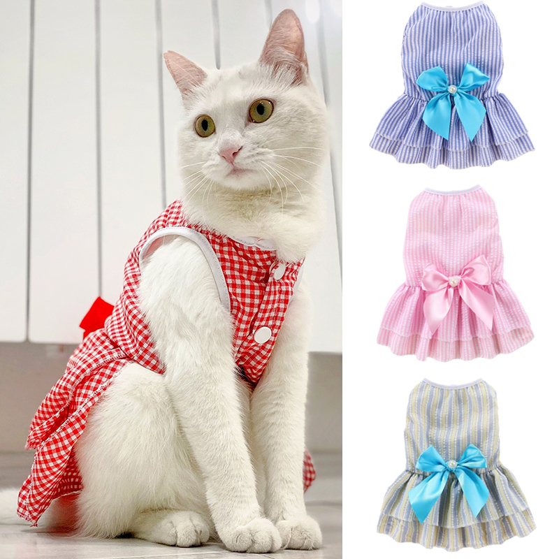 Cat Puppy Princess Dress Summer Pet Clothes Striped Plaid Dresses with ...