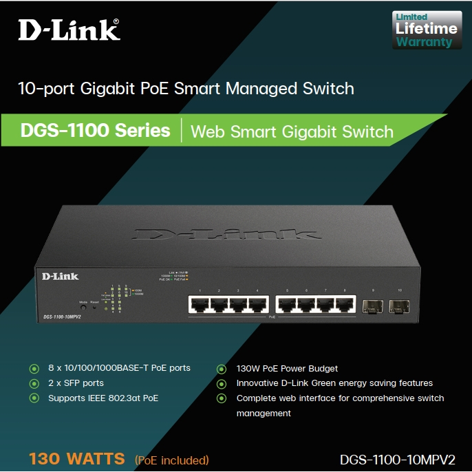 D-Link DGS-1100-10MPV2 10 Port Gigabit PoE/PoE+ Smart Managed Switch ...