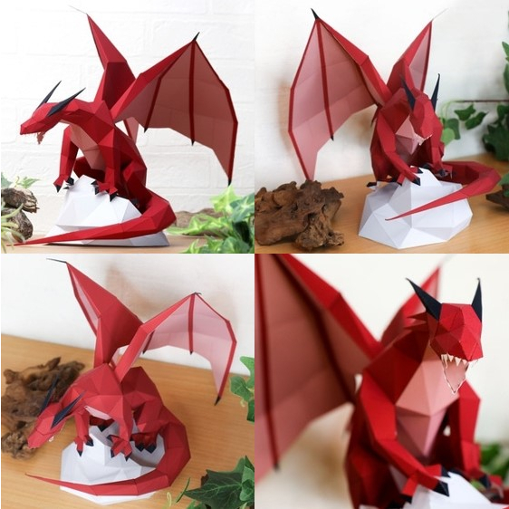 โมเดลกระดาษ 3D : มังกรแดงหลายเหลี่ยม Polygon (Dragon) กระดาษโฟโต้เนื้อ ...
