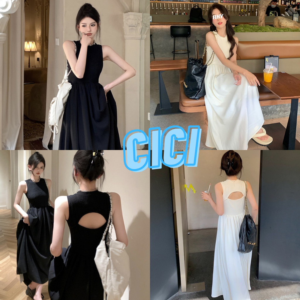 Cici(NO. J3097)เดรสยาวแขนกุดคอกลม ดีเทลเว้าหลัง มีซับใน สไตล์เรียบหรูดูแพง | Shopee Thailand