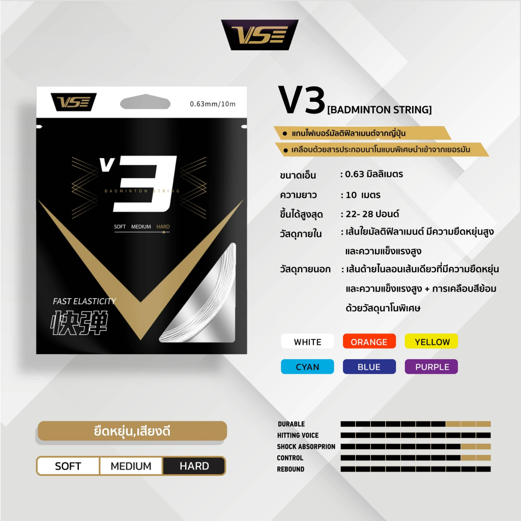 VENSON เอ็นแบดมินตัน รุ่น V3 Fast Elastic (ขนาด 0.63 mm) Genuine 100% ...