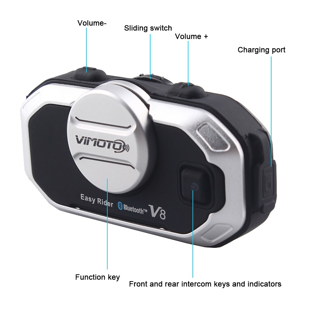 Vimoto V8--V8--V8 บูลทูธติดหมวกกันน็อค อินเตอร์คอม มีระบบตัดเสียงรบกวน ตัวเครื่องกันน้ำกันฝนได้ ...