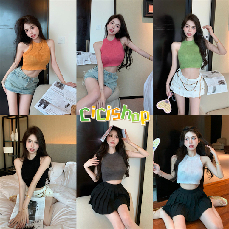 Cicishop(SALE/สุ่ม J062)เสื้อครอปคอกลมเเขนกุด ผ้าไหมพรมถัก เนื้อผ้าเบาใส่สบาย แมทช์ได้ทุกลุค ...
