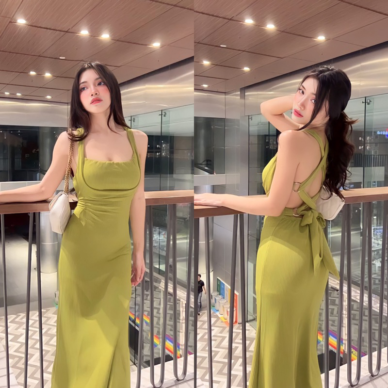 Chereen Dress เดรสยาวผ้าร่อง ผูกหลัง ยืดกระชับทรงสวย | Shopee Thailand