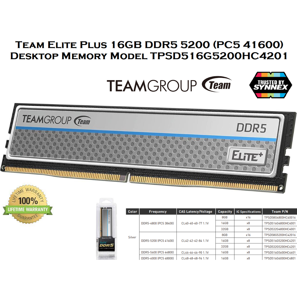 Team Elite Plus 16GB DDR5 5200 (PC5 41600) Desktop CL42-42-42-84 1.1V (TPSD516G5200HC4201 ...