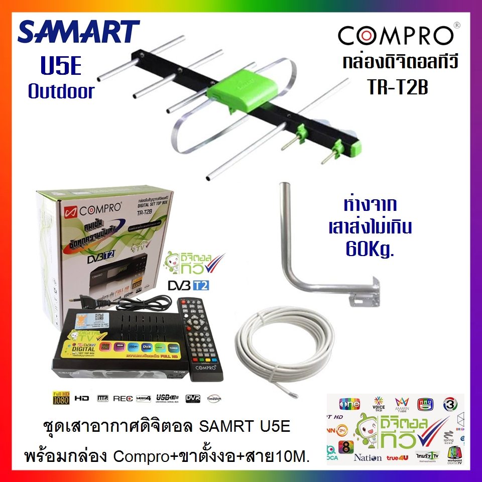 ชุดเสาอากาศทีวีดิจิตอล SAMART U5E+กล่องดิจิตอล COMPRO TR-T2B +ขางอ+สาย 10M. | Shopee Thailand
