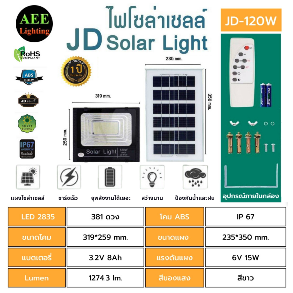 JD Solar Light รุ่น JD-8120 120W สปอร์ตไลท์โคมไฟพลังงานแสงอาทิตย์ + รับ ...