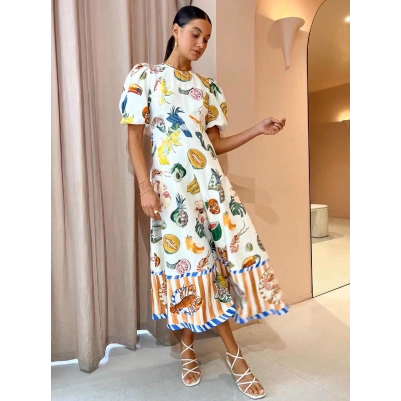 (hawaii)Hawai dress (shrimp) เดรส fruity ลายผลไม้ป้าย ypy | Shopee Thailand