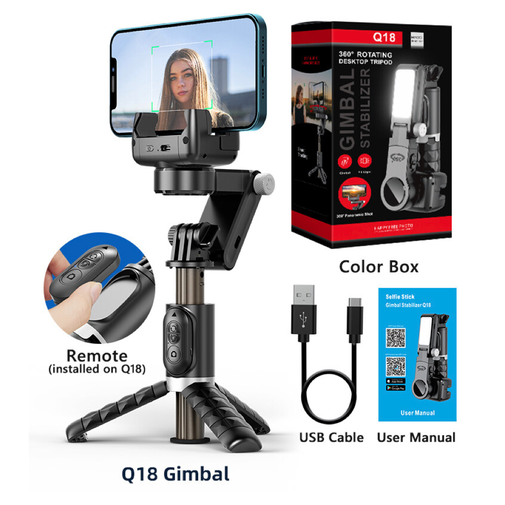 Gimbal ไม้เซลฟี่กันสั่น รุ่น Q18/Q09 หมุนตามหน้าคน Auto Face ขาตั้งอัจฉริยะ + ไฟLED + รีโมท ...