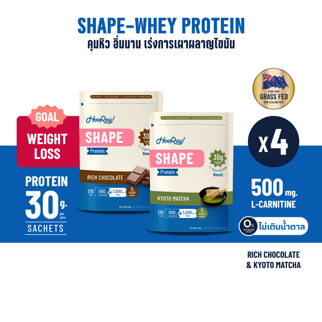 Hooray! Shape Whey Protein 45g. x 4 ซอง เวย์โปรตีน รสช็อคโกแล็ต และรสชา ...