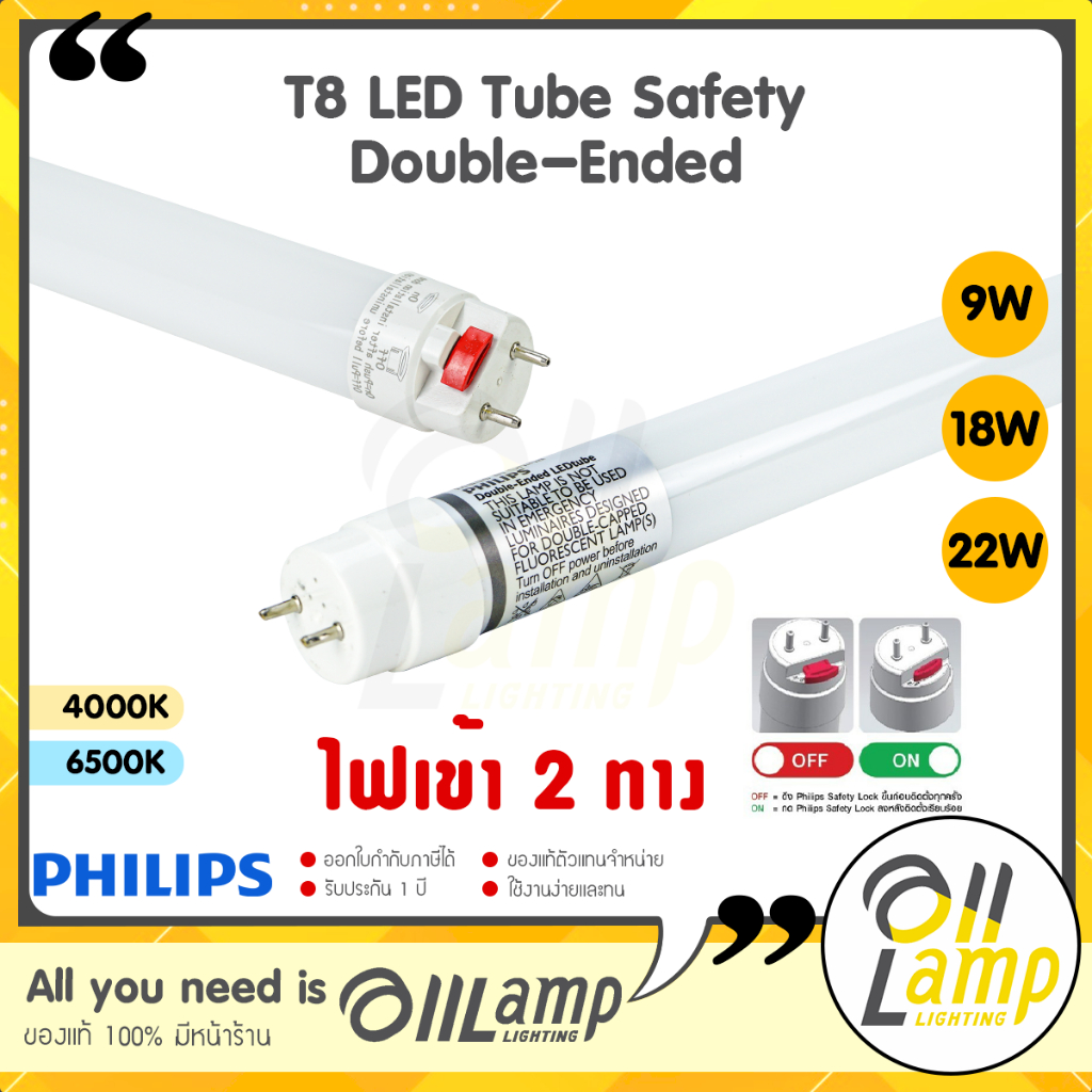 Philips T8 Safety Double-Ended LED tube หลอดนีออน 9W 18W 22W ยาว 600mm 1200mm ไฟเข้าสองข้าง ...