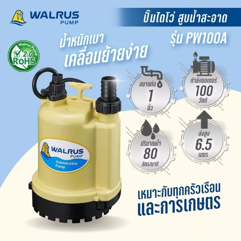 ไดโว่ Walrus แมวน้ำ 1 นิ้ว PW100A แท้100% ปั๊มดูดน้ำ ได่โว่สูบน้ำ ปั๊มไดโว่ ไดโว่วอลรัส ไดโว่ ...