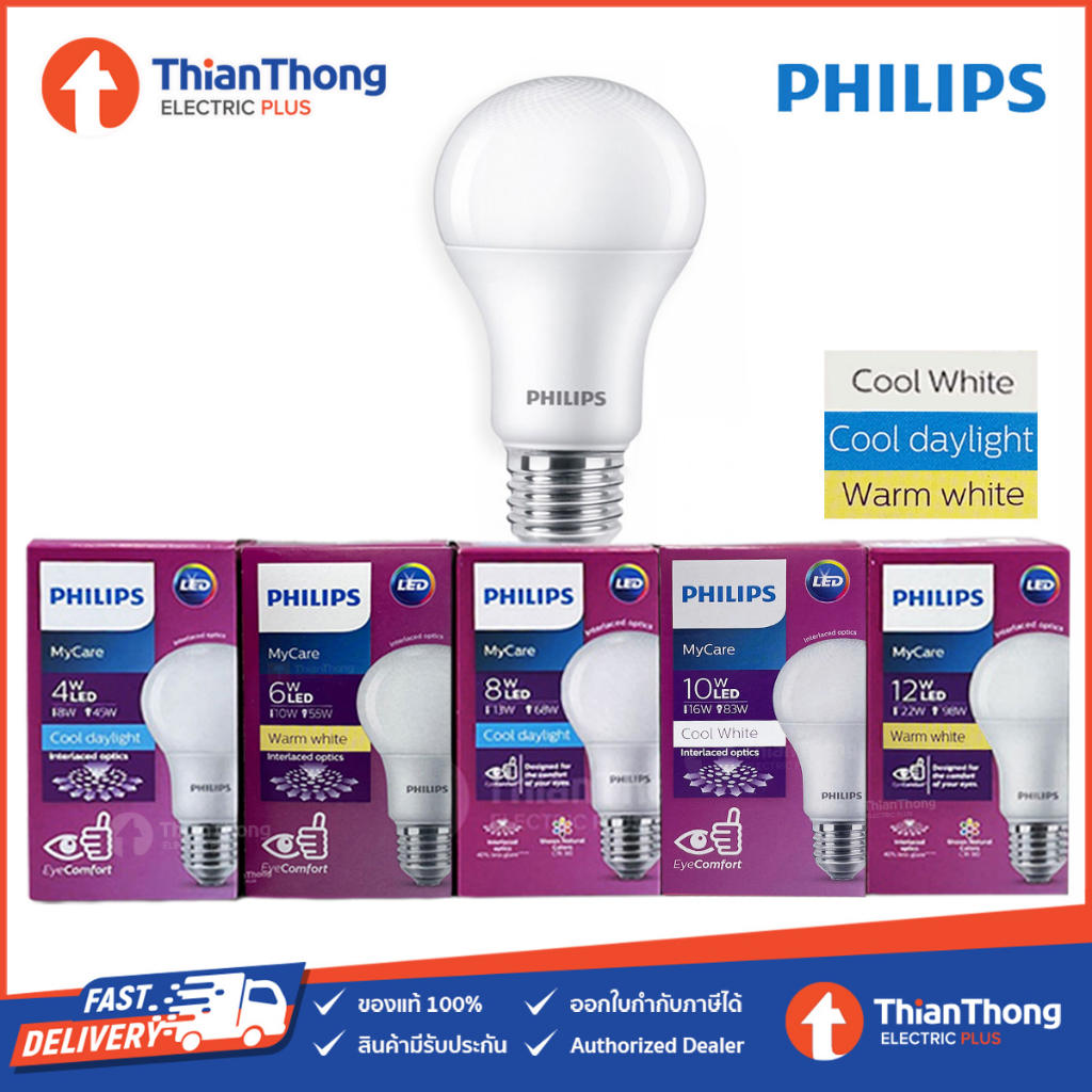Philips หลอดไฟฟิลิปส์ LED Bulb MyCare 4W 6W 8W 10W 12W ขั้ว E27 (รุ่น ...