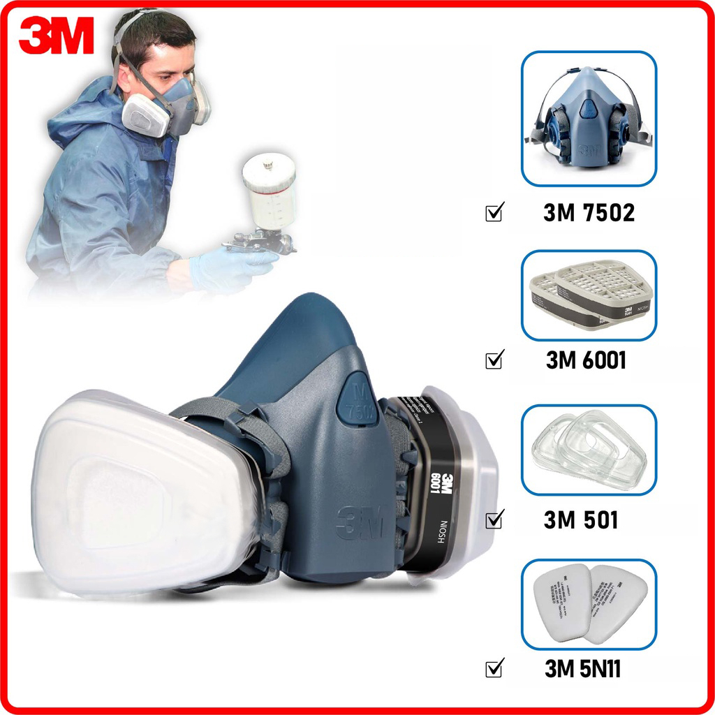 ป้องกันฝุ่น PM.2.5 ฝุ่นควัน ชนิดใช้ซ้ำได้ 3M 7502(M) และ ตลับกรองเคมีพร้อมแผ่นกันฝุ่น(N95) ุ ...