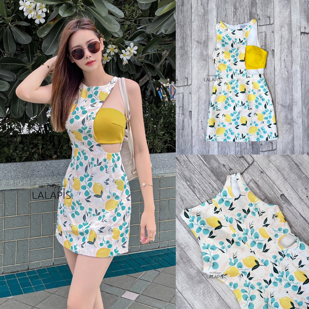 LALAPIS เดรสเกาะอกพิมห์ลายเลม่อนเหลืองสดใส | Shopee Thailand
