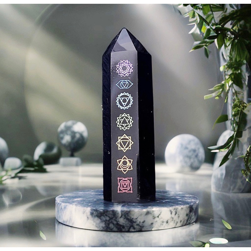 Rainbow 7 Chakra Black Obsidian Tower, Chakra Charing Crystal Tower ...
