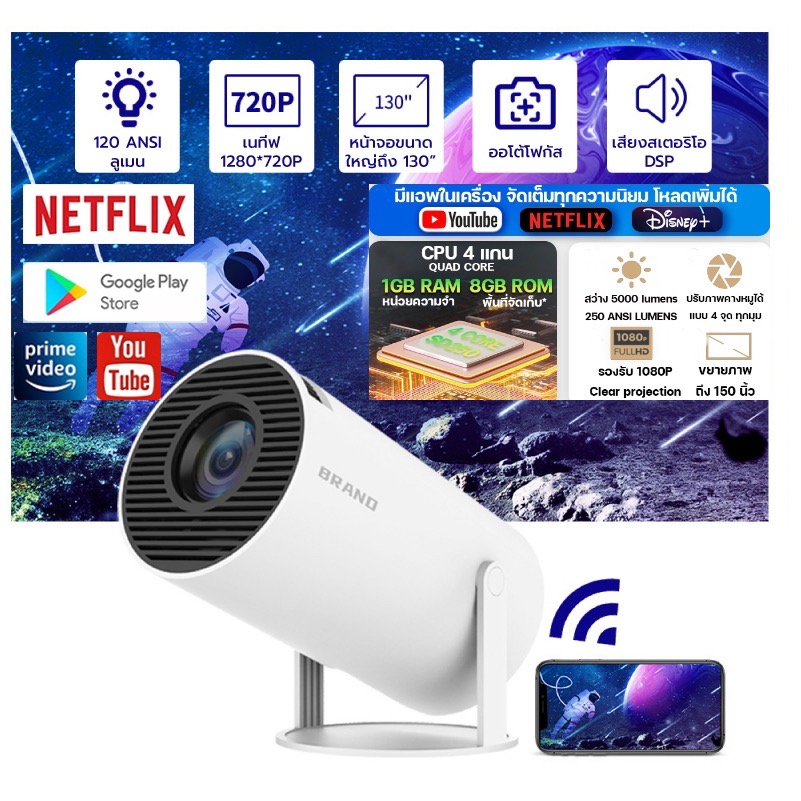 projector HY300 180 องศาโปรเจคเตอร์มินิโปรเจคเตอร์ Android คุณภาพ 11 ...