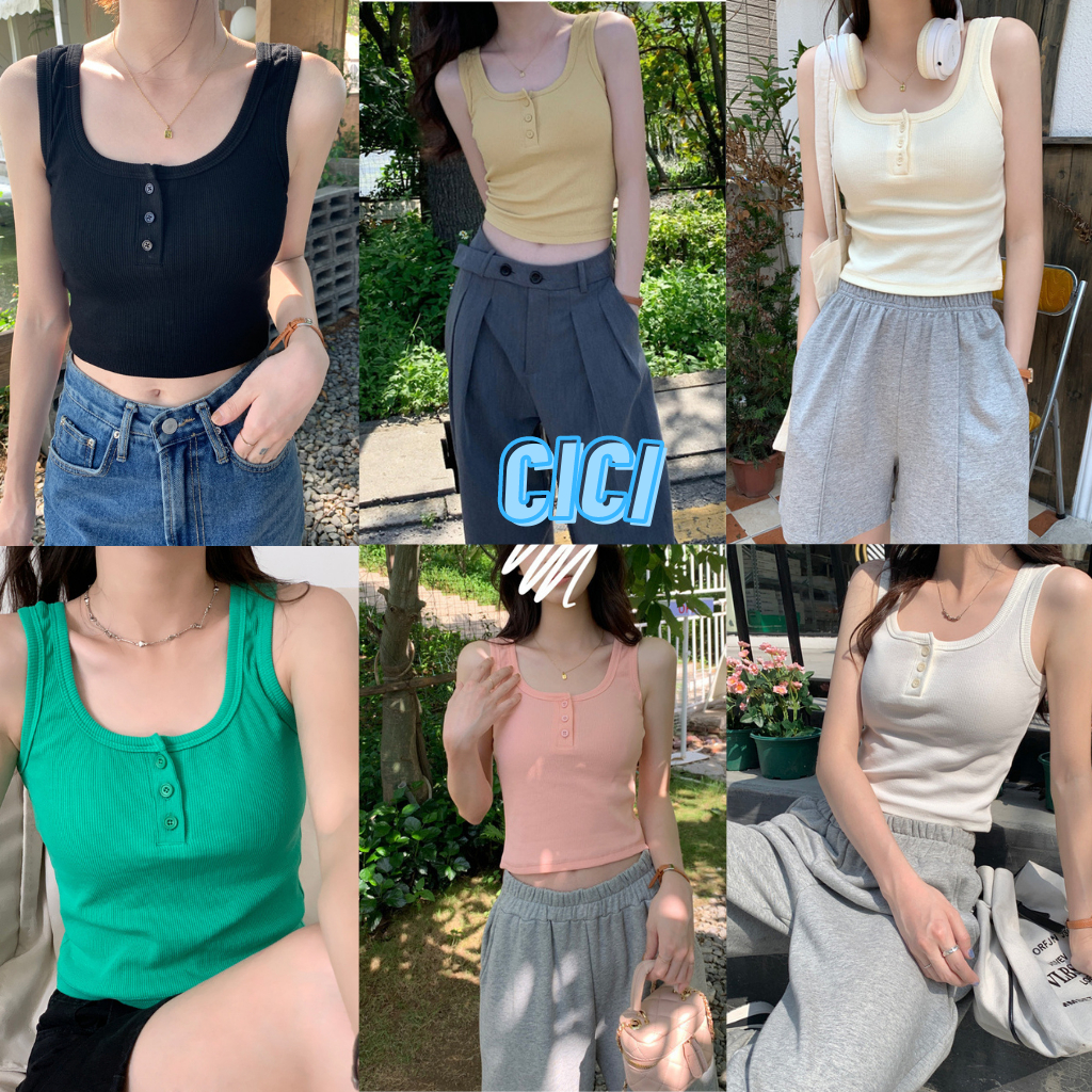 Cici(NO. J1033)เสื้อกล้ามแฟชั่น อกแต่งกระดุม 3 เม็ด สีพื้นสุดCute | Shopee Thailand