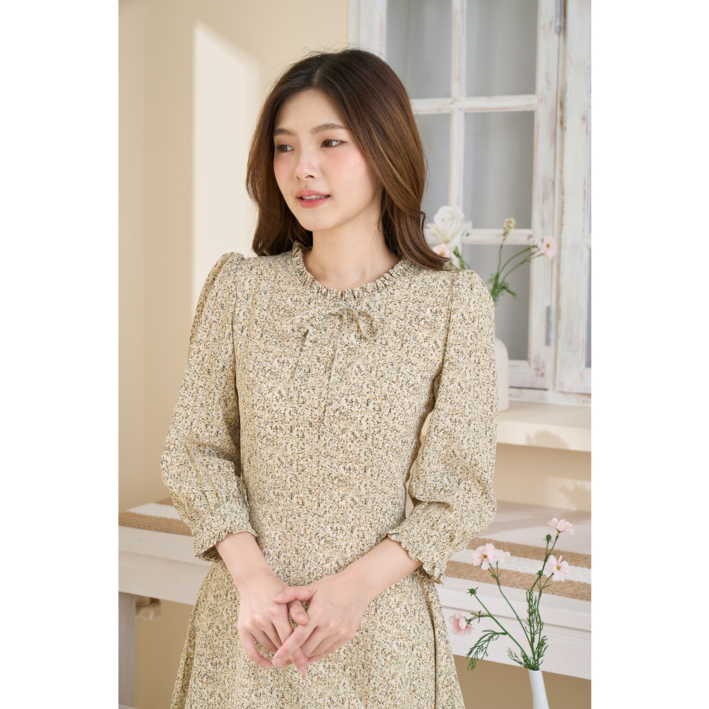 Pena Dress (Cream) เดรสทำงาน เดรสแขนยาว เดรสคอริ้ว | Shopee Thailand