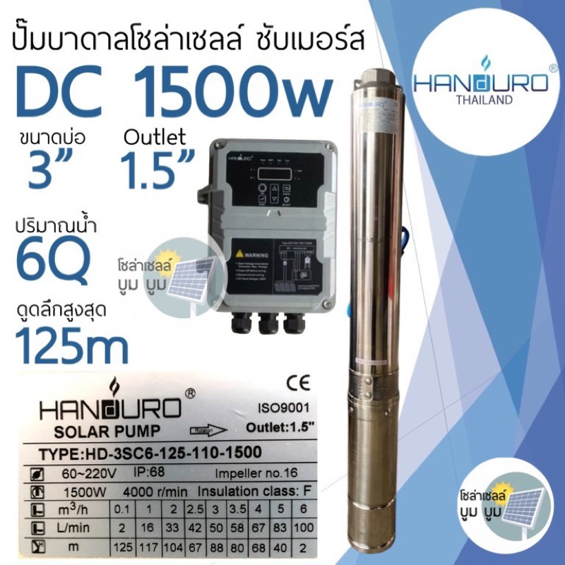 ปั๊มน้ำบาดาลโซล่าเซลล์ Handuro DC 300w 600w 750w 1100w 1500w 2200w HV ...